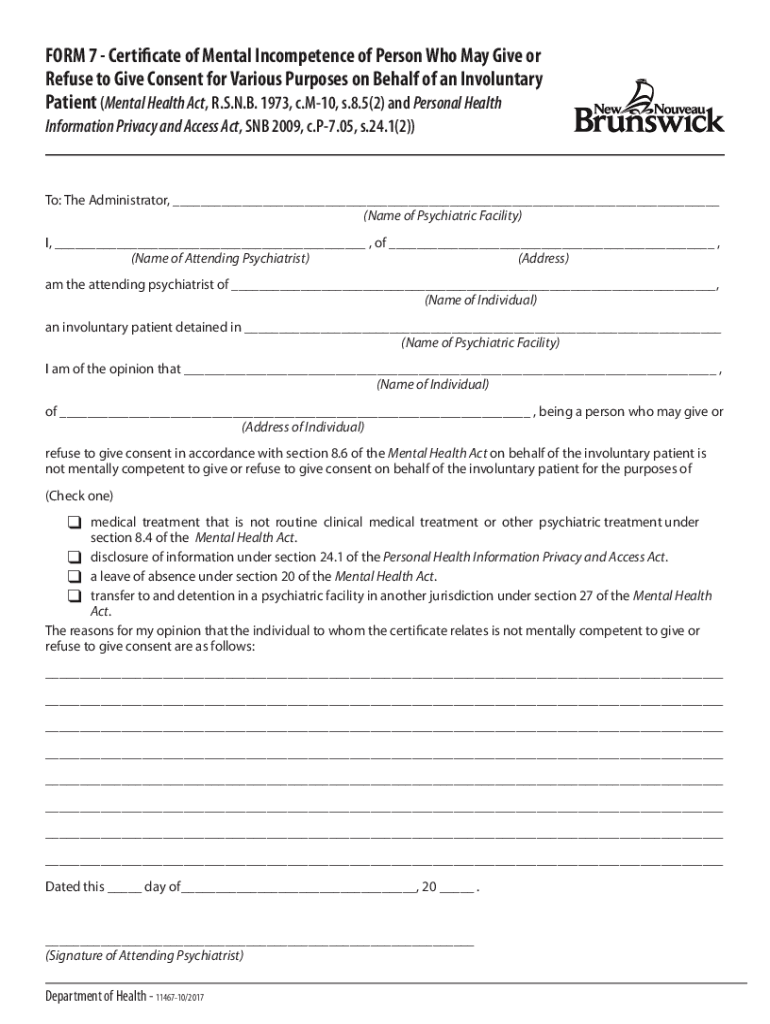 Fillable Online www2 gnb FORM 7 - Certificate of Mental Incompetence of ...