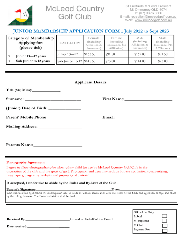 Fillable Online JUNIOR MEMBERSHIP APPLICATION FORM 1 July 2022 ... Fax Email Print - pdfFiller