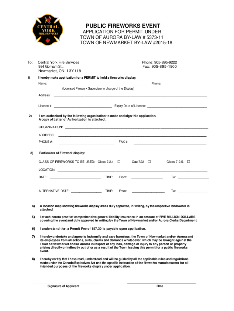 Fillable Online display fireworks permit the town of aurora bylaw 4736 ...