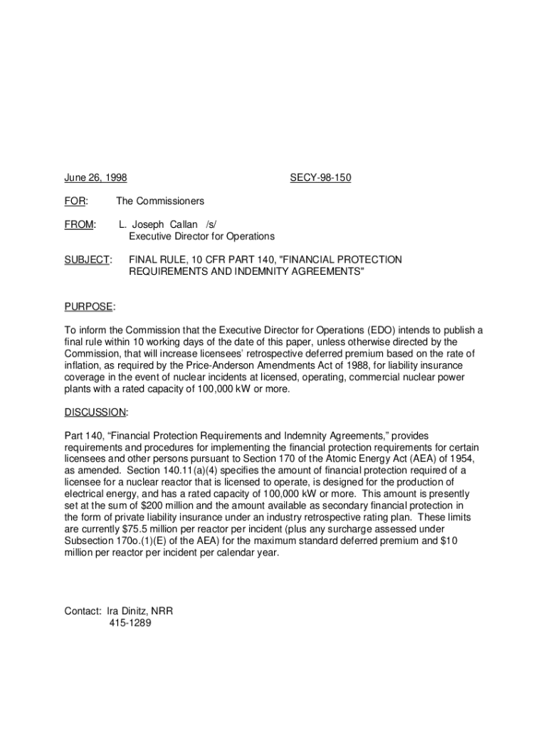 Fillable Online FINAL RULE, 10 CFR PART 140, "FINANCIAL PROTECTION ...