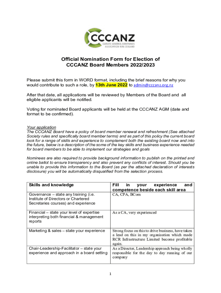 Fillable Online Official Nomination Form for Election of ... Fax Email ...