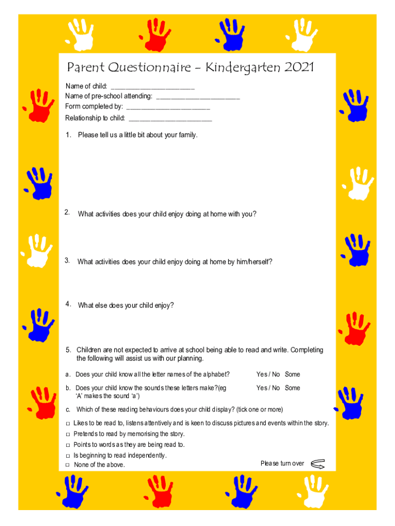 Fillable Online Parent Questionnaire - Kindergarten 2029 Fax Email ...