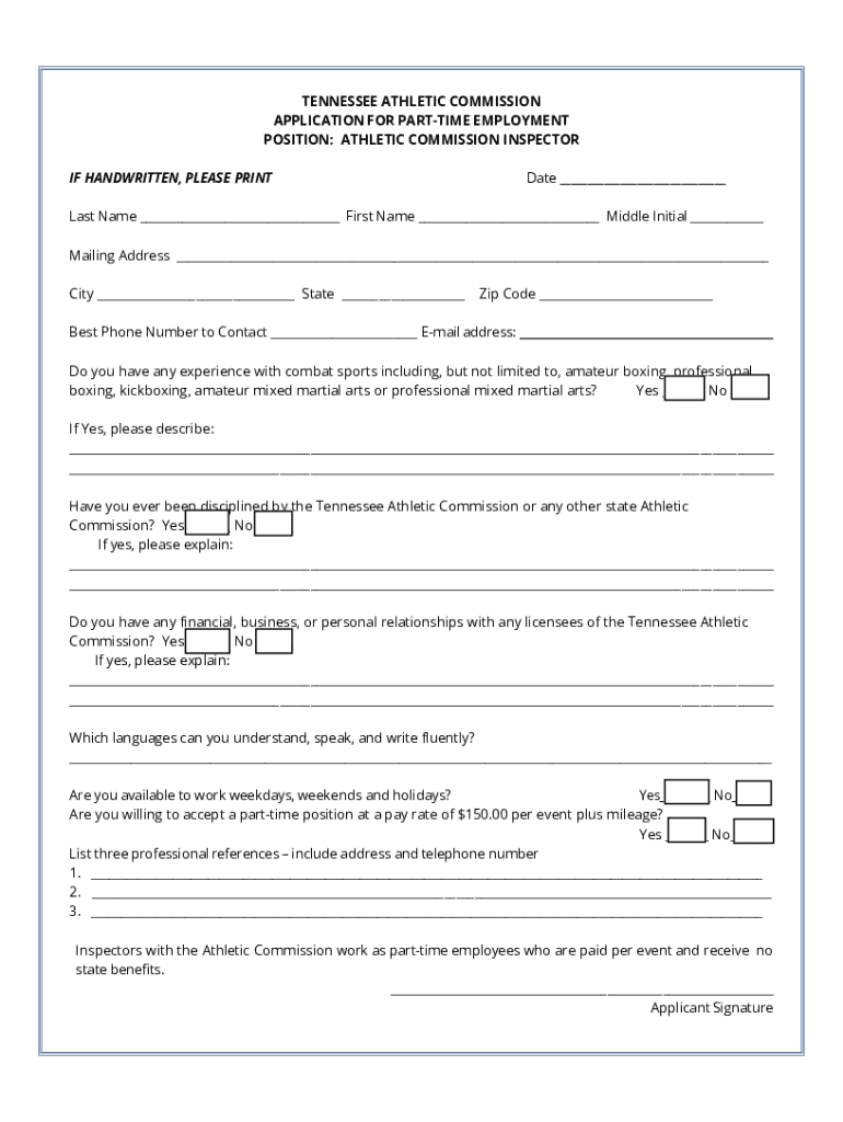 Fillable Online Tennessee Athletic Commission Inspection Job ... Fax ...