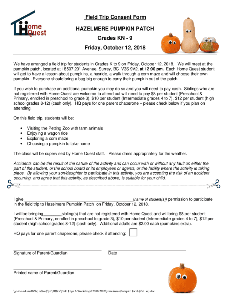 Fillable Online homequest deltasd bc Field Trip Consent Form HAZELMERE ...