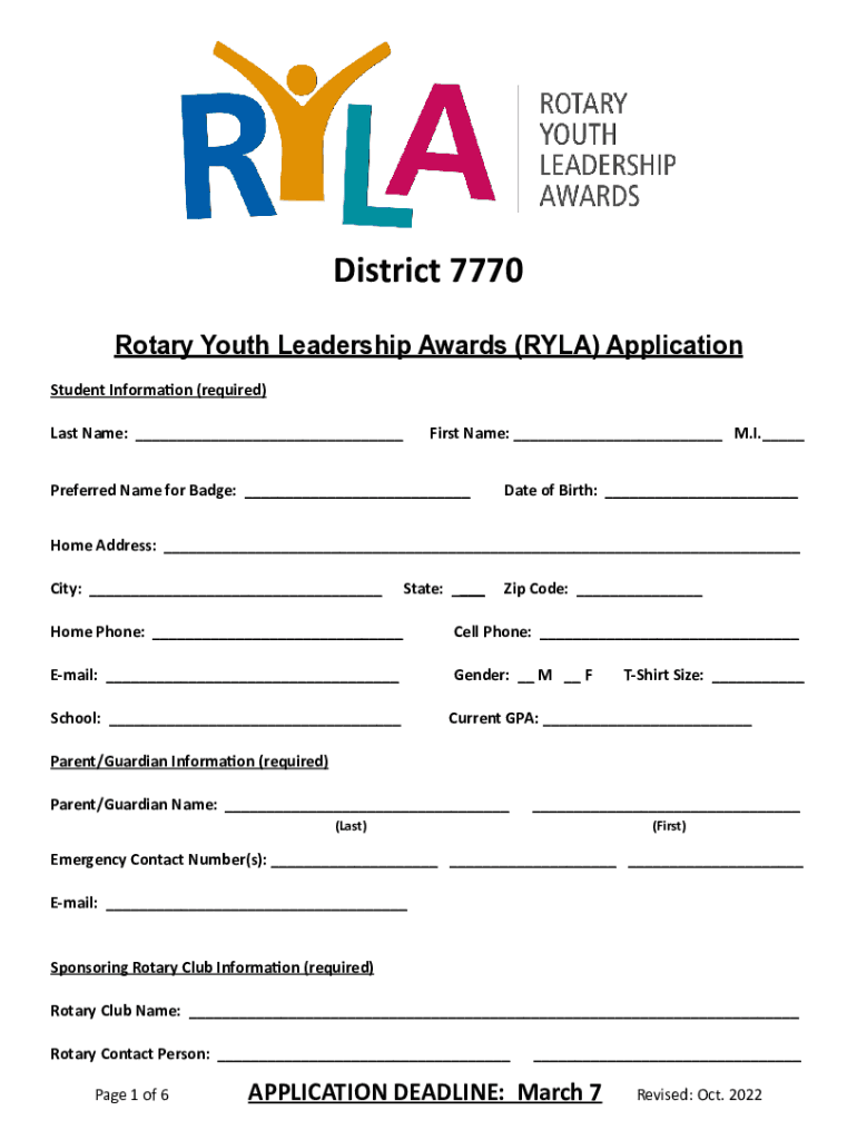 Fillable Online Rotary Youth Leadership Awards (RYLA) Application Fax ...