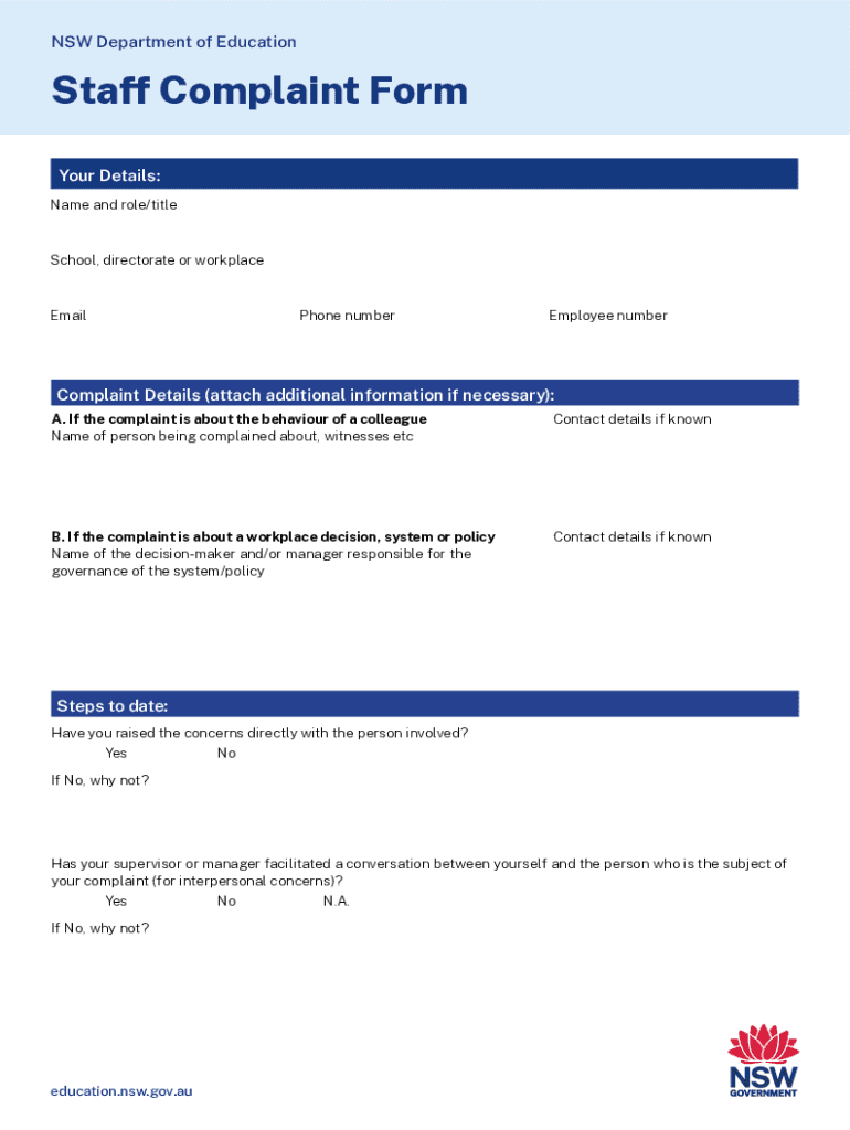 Fillable Online Staff Complaint Form. Staff Complaint Form Fax Email ...