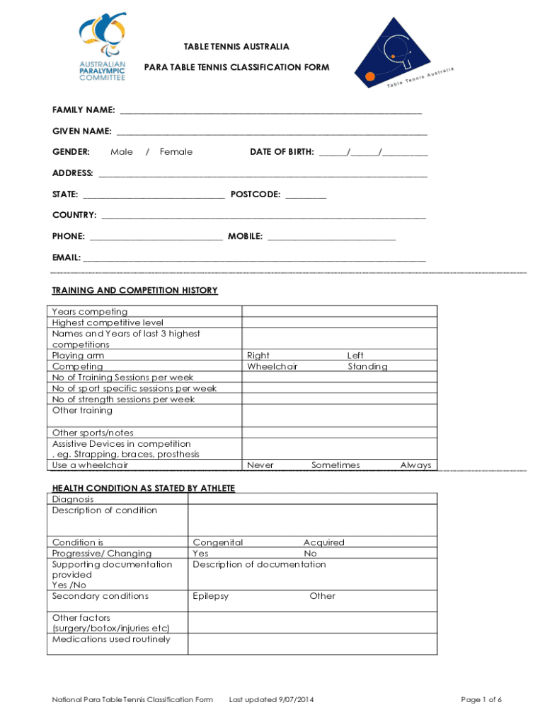 Fillable Online Table Tennis Provisional Classification Form Athletes ...