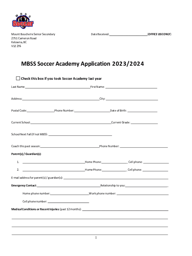 Fillable Online Fillable Online MBSS Soccer Academy Application Form ...