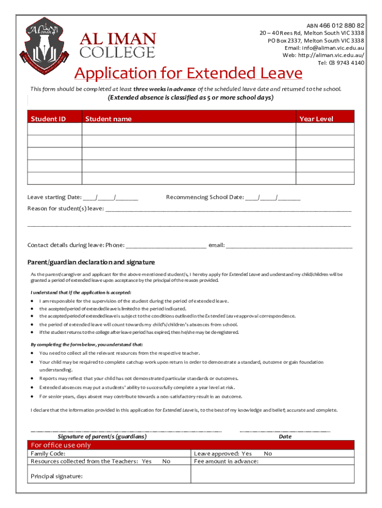 Fillable Online Application for Extended Leave - Melton Fax Email Print ...