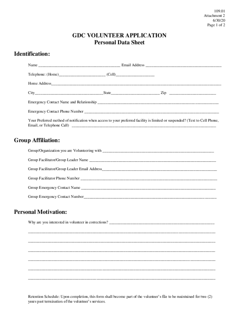 Fillable Online GDC VOLUNTEER APPLICATION Personal Data Sheet ... Fax ...