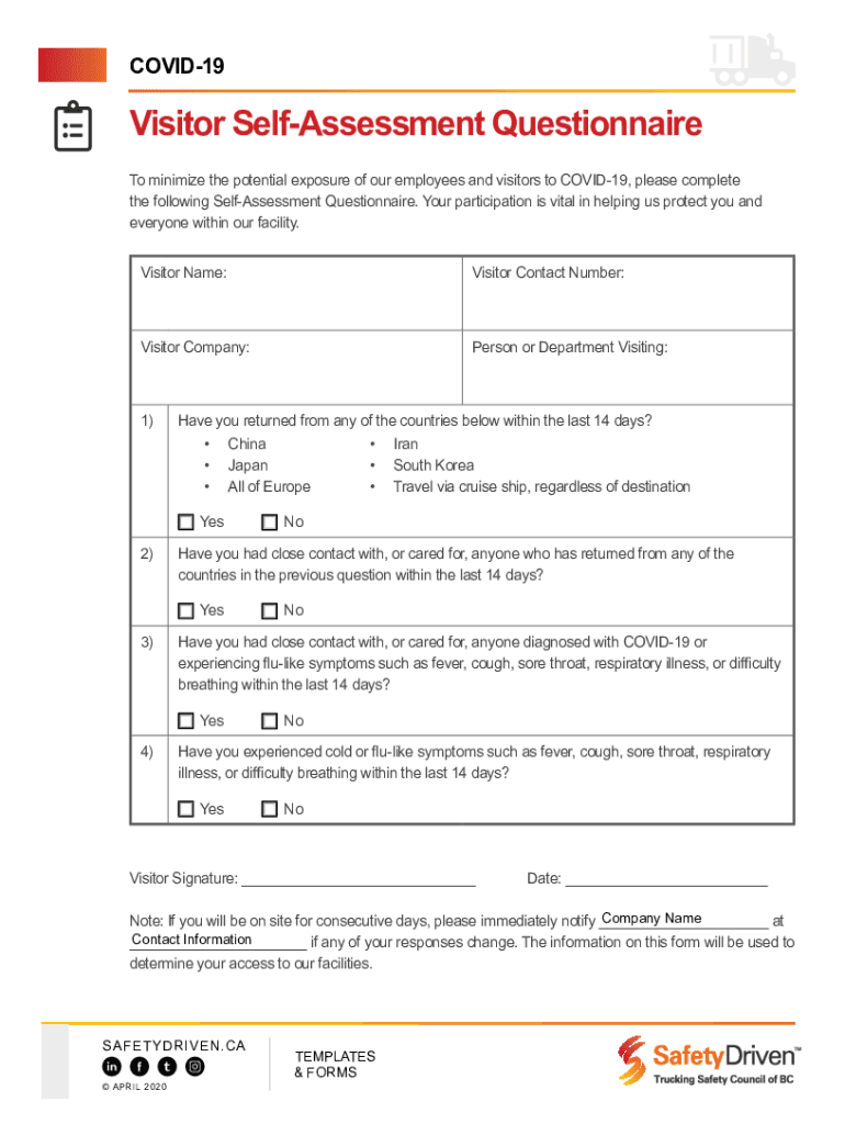 Fillable Online Covid Screening Questionnaire for Visitors Form ...