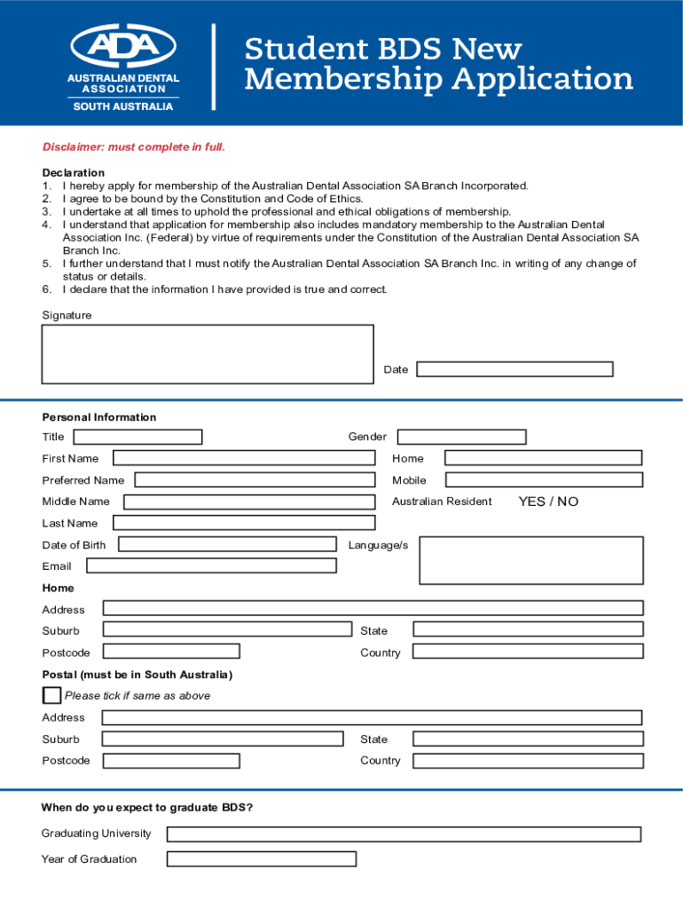 Fillable Online Student BDS New Membership Application - adasa Fax ...