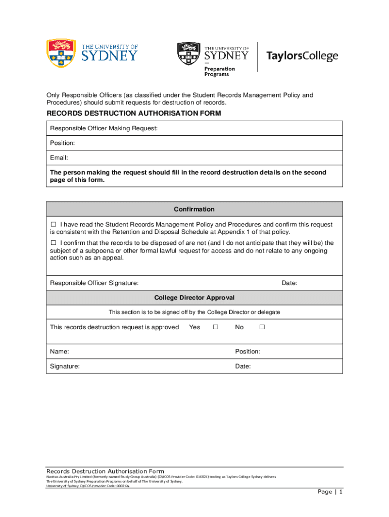 Fillable Online Records Destruction Authorisation Form Fax Email Print ...
