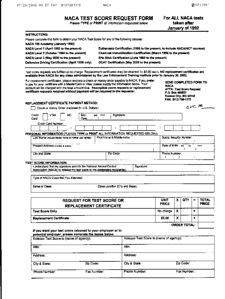 Fillable Online naca test score request form Fax Email Print - pdfFiller
