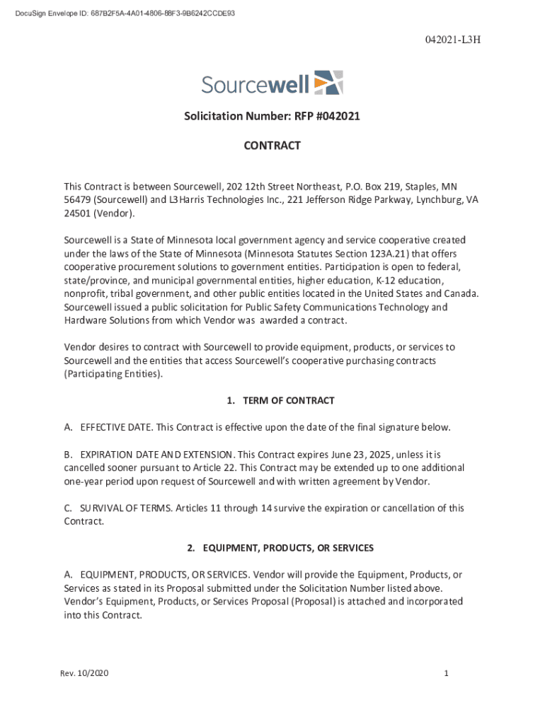 Fillable Online Solicitation Number: RFP #042021 CONTRACT - Sourcewell ...