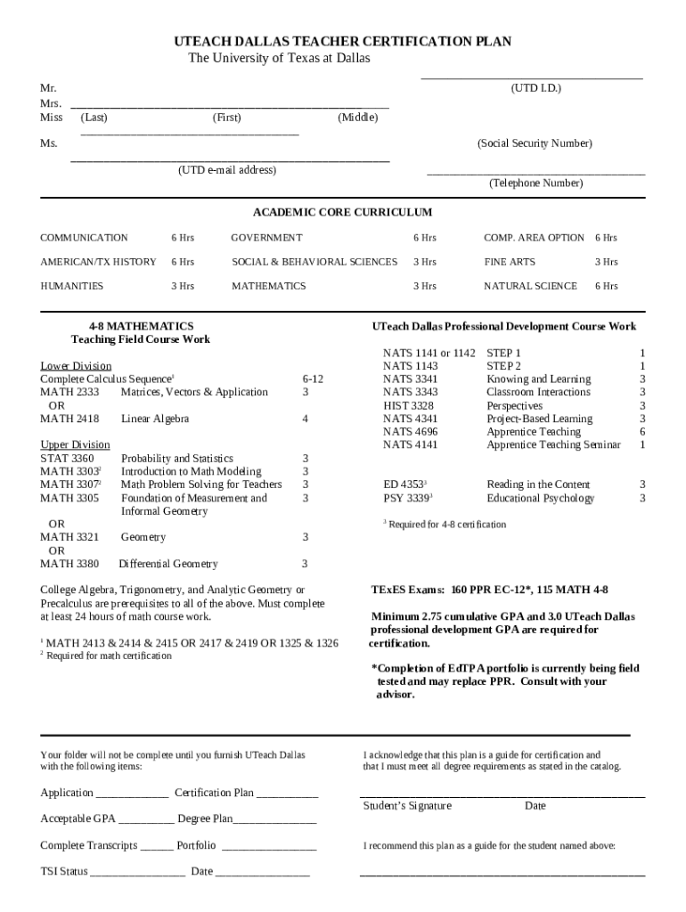 Teacher Certification - UT Dallas 2019 Undergraduate Catalog Doc Template | pdfFiller