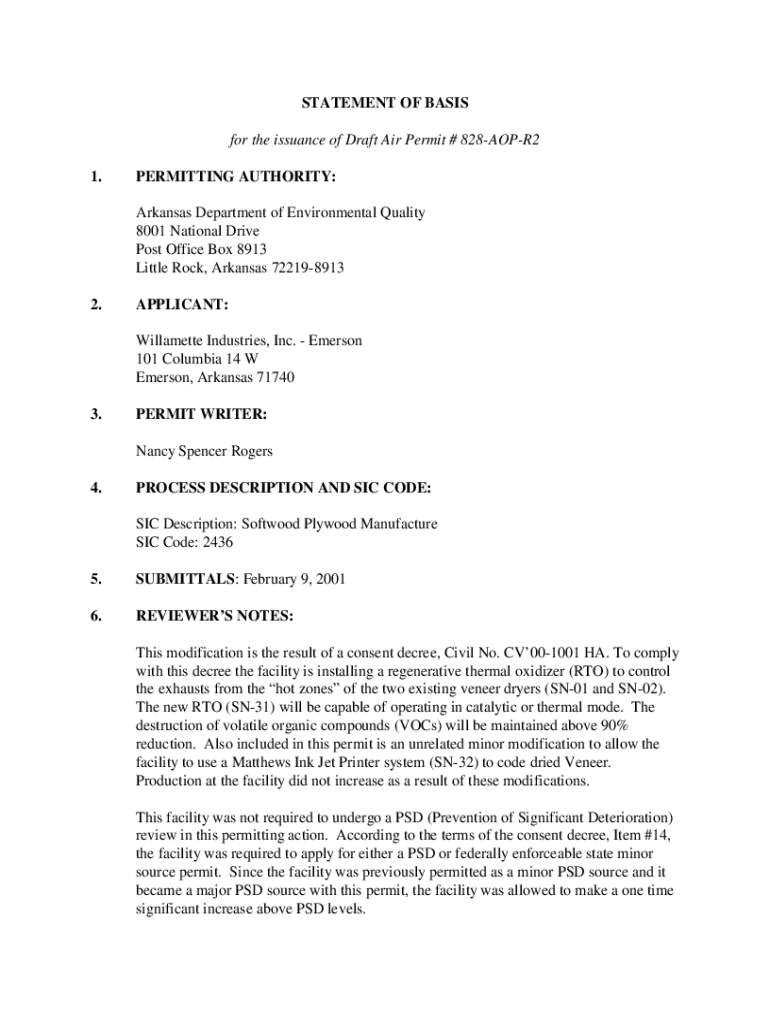 Fillable Online STATEMENT OF BASIS. For the issuance of Draft Air ...