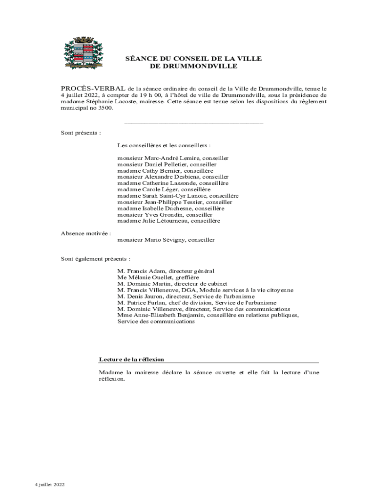 Remplissable En Ligne PROCS-VERBAL DE LA SANCE ORDINAIRE TENUE ... Fax Email Imprimer - pdfFiller