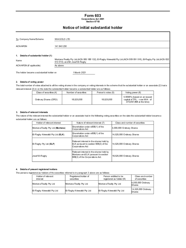 Fillable Online Form 603 - JEL Notice of initial substantial holding WIA Final 31May23 Fax Email ...