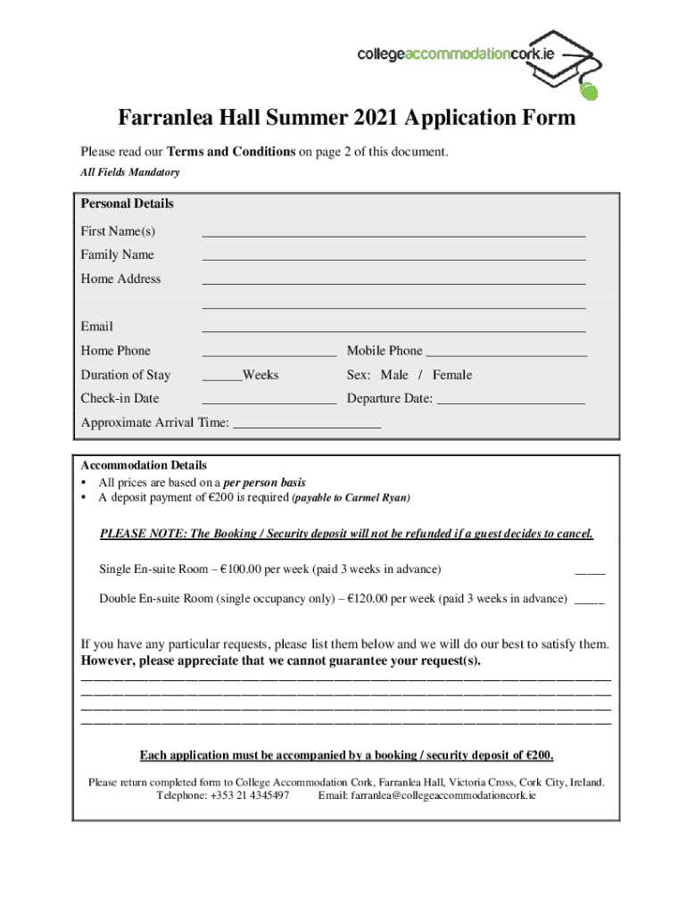 Fillable Online Farranlea Hall Summer 2021 Application Form Fax Email ...