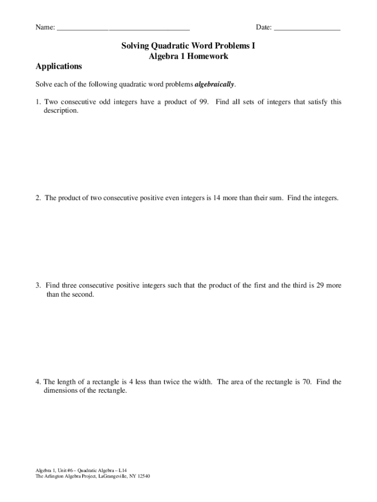 Fillable Online Solving Quadratic Word Problems I Algebra 1 Homework