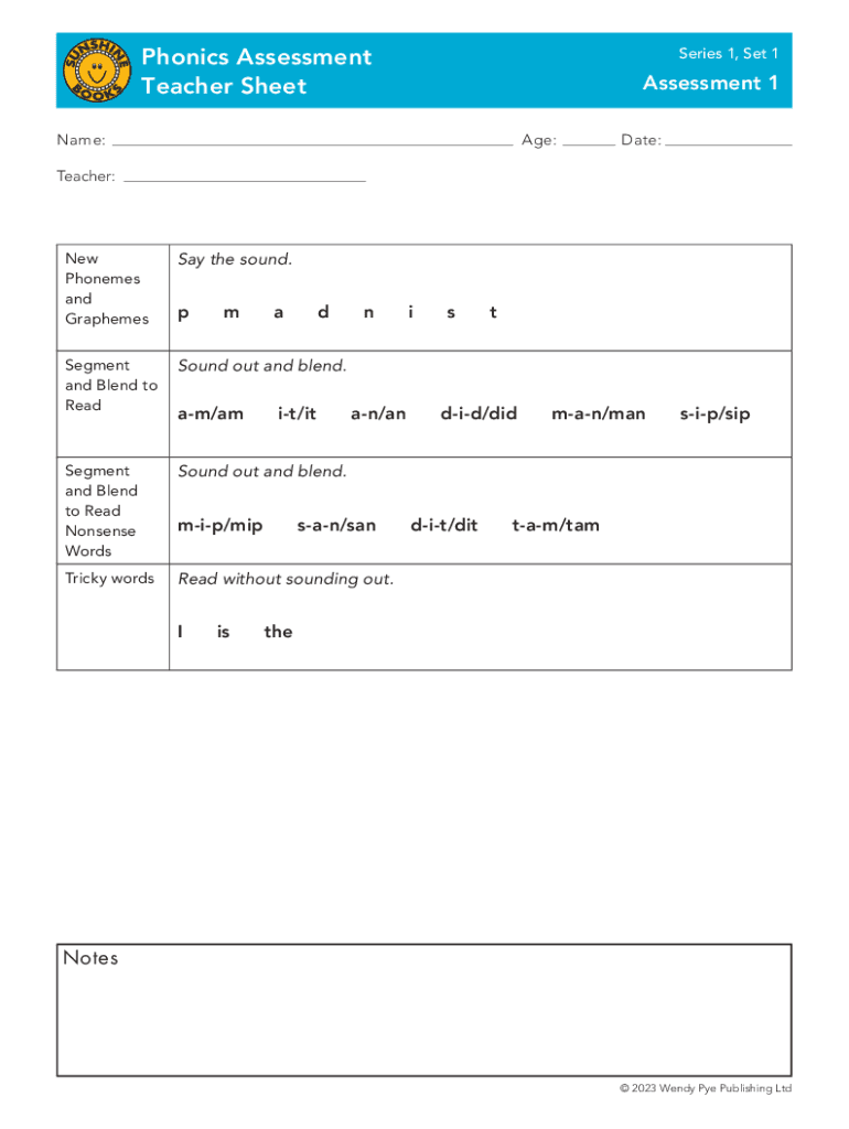 Fillable Online Phonics Assessment Teacher Sheet Fax Email Print ...
