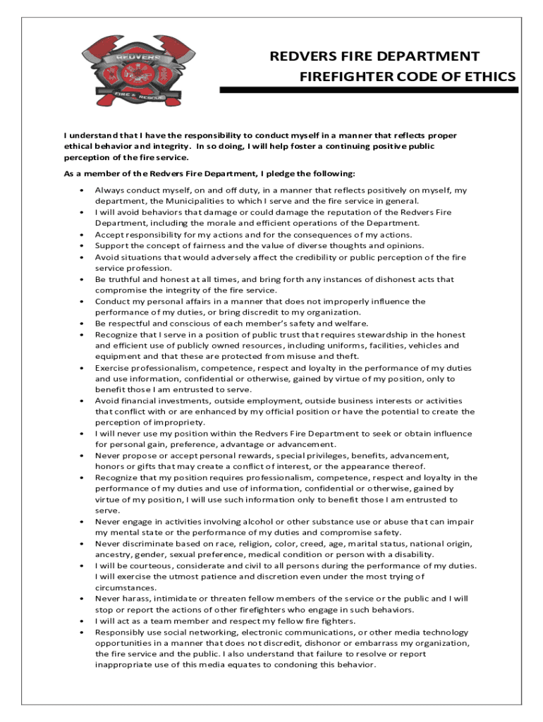 Fillable Online Redvers Fire Department Code of Conduct Fax Email Print ...
