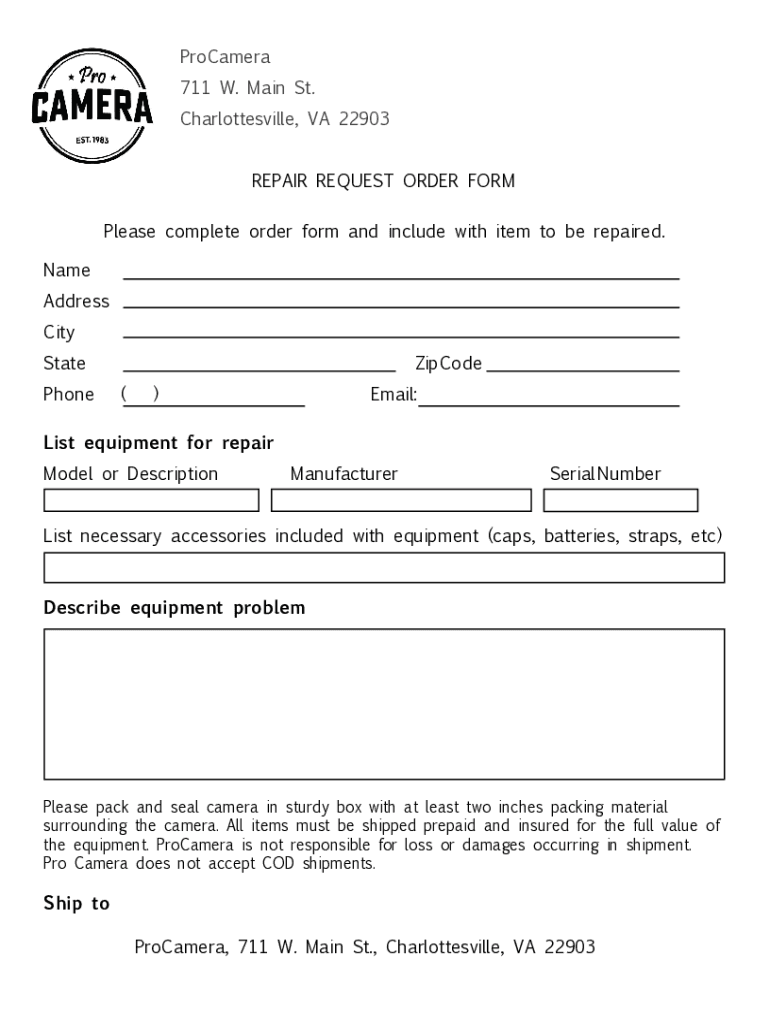 Fillable Online Repair Request Order Form Fax Email Print - pdfFiller