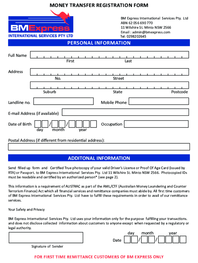 Fillable Online Money Transfer Registration Form Fax Email Print ...