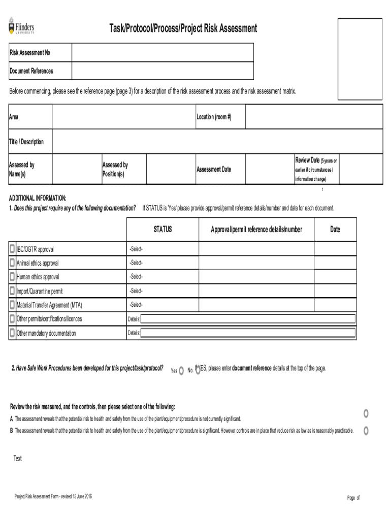 Fillable Online Risk assessment form - Flinders University Staff Fax ...