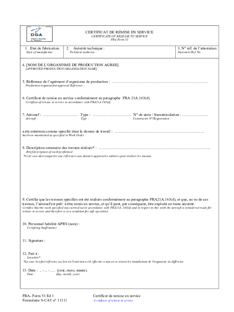 Remplissable En Ligne CERTIFICATE OF RELEASE TO SERVICE FRA Form 53 Fax ...
