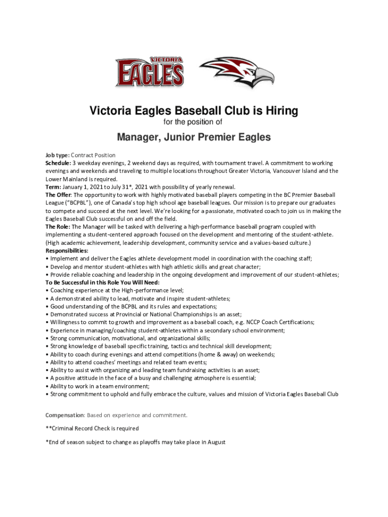 Fillable Online Victoria Eagles Baseball Club is Hiring Fax Email Print ...