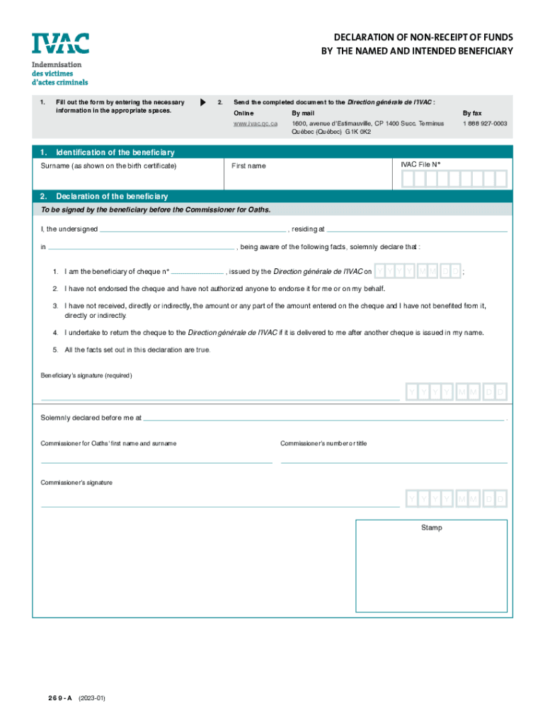 Fillable Online ivac qc Declaration of non-receipt of funds by the ...