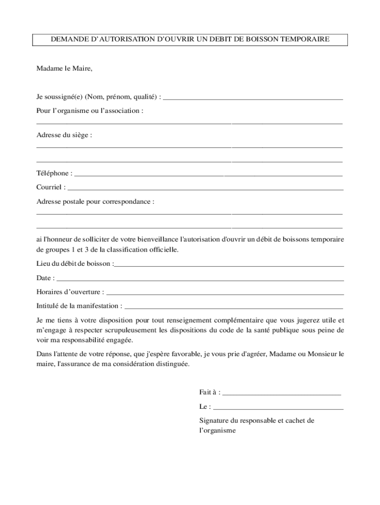 Remplissable En Ligne Demande d'autorisation d'ouvrir un dbit temporaire de ... Fax Email ...