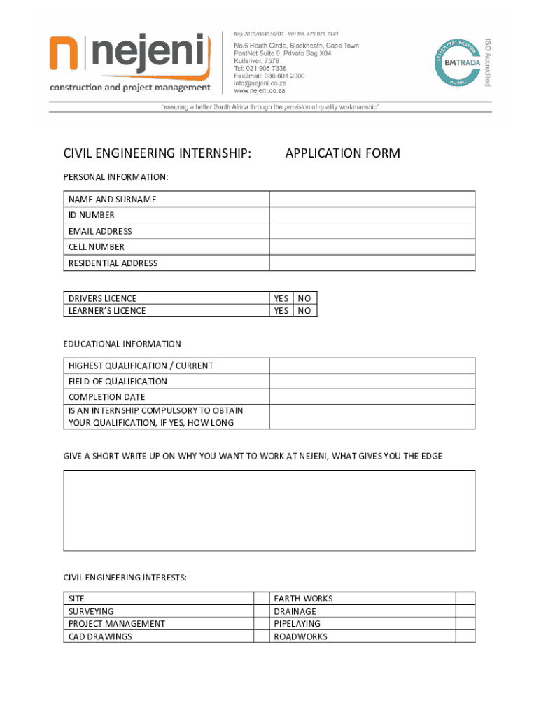 Fillable Online CIVIL ENGINEERING INTERNSHIP: APPLICATION FORM Fax ...