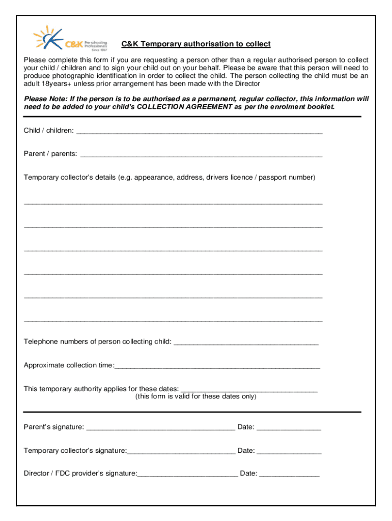 Fillable Online Temporary Authorisation to Collect Form Fax Email Print ...