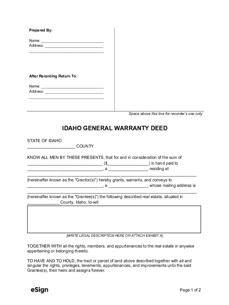 Special Warranty Deed Form Idaho - Fill Online, Printable, Fillable, Blank | pdfFiller