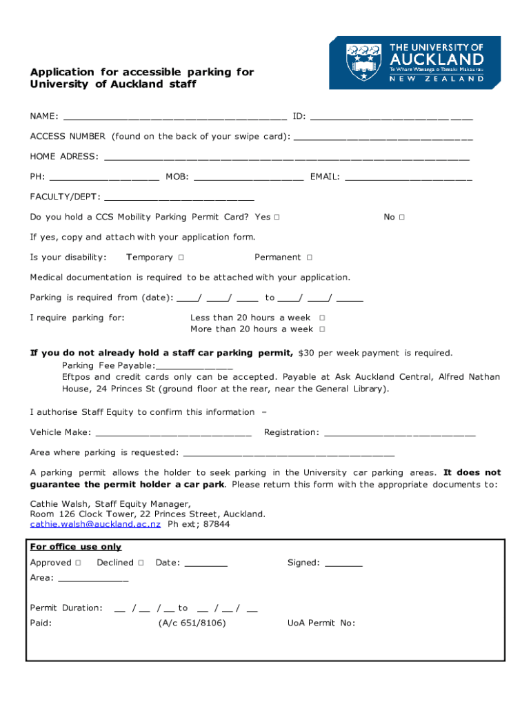 Fillable Online Accessibility and parking for staff - The University of Auckland Fax Email Print ...