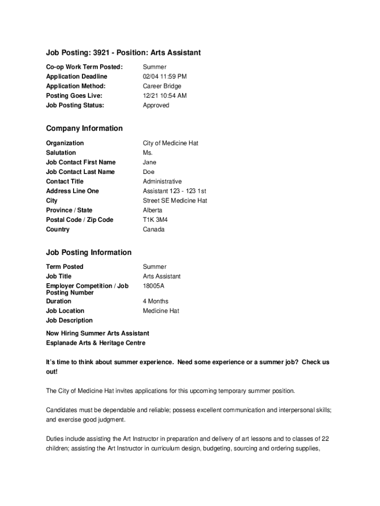 Fillable Online Arts Assistant - Job Posting: 3921 Fax Email Print ...