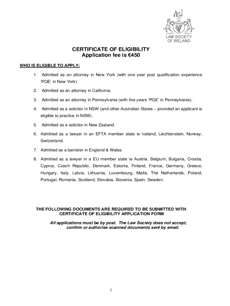 Fillable Online CERTIFICATE OF ELIGIBILITY Application fee is 450 Fax ...