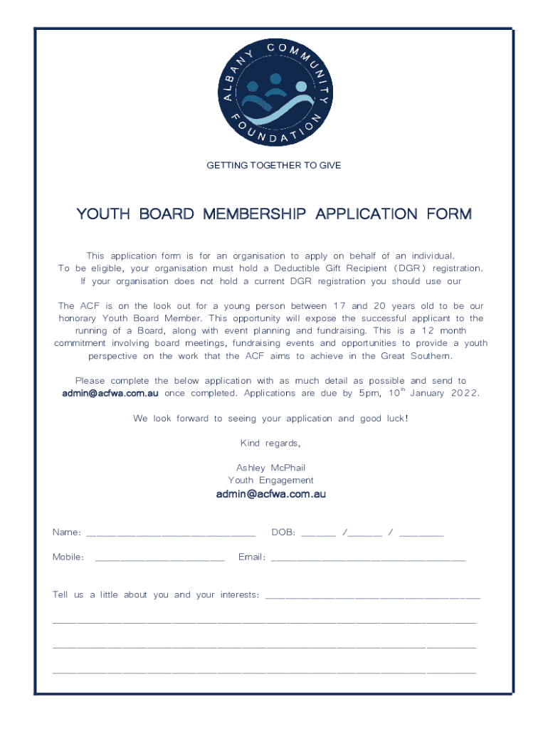 Fillable Online YOUTH BOARD MEMBERSHIP APPLICATION FORM Fax Email Print ...