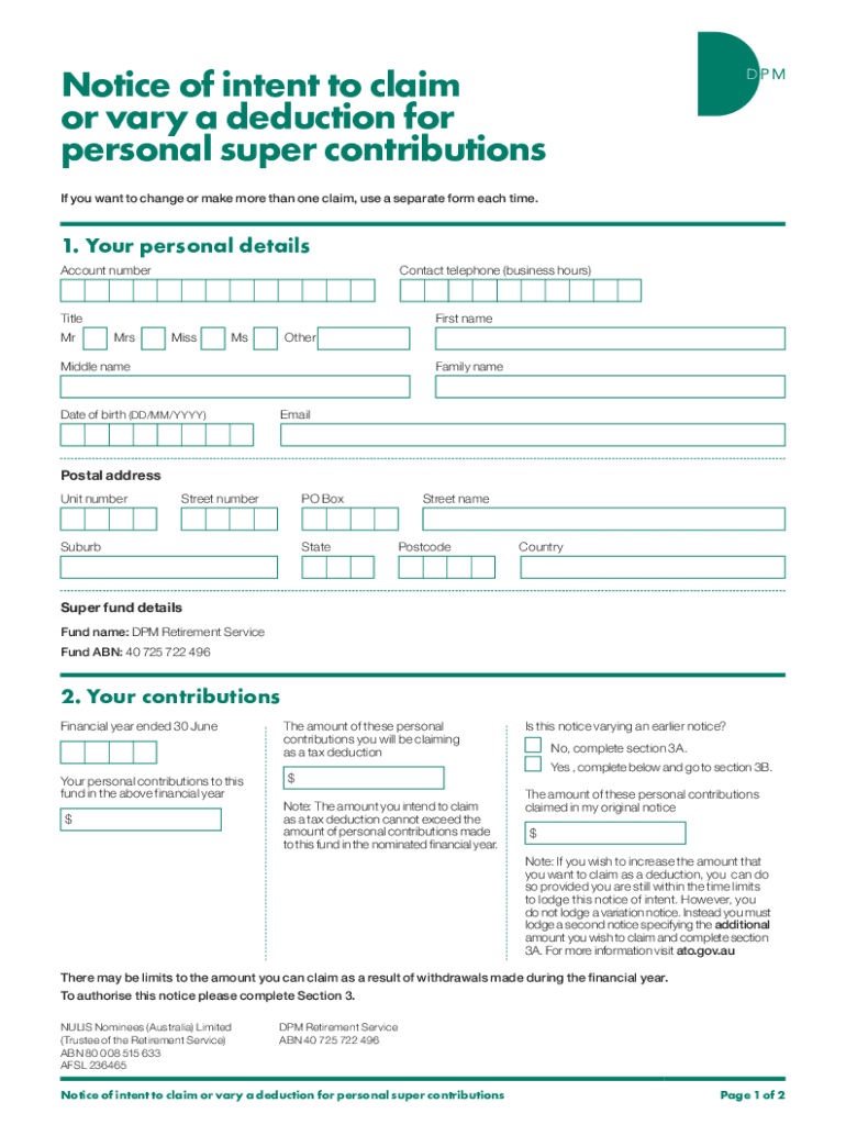 Fillable Online Notice of Intent to Claim a Deduction - Superannuation ...