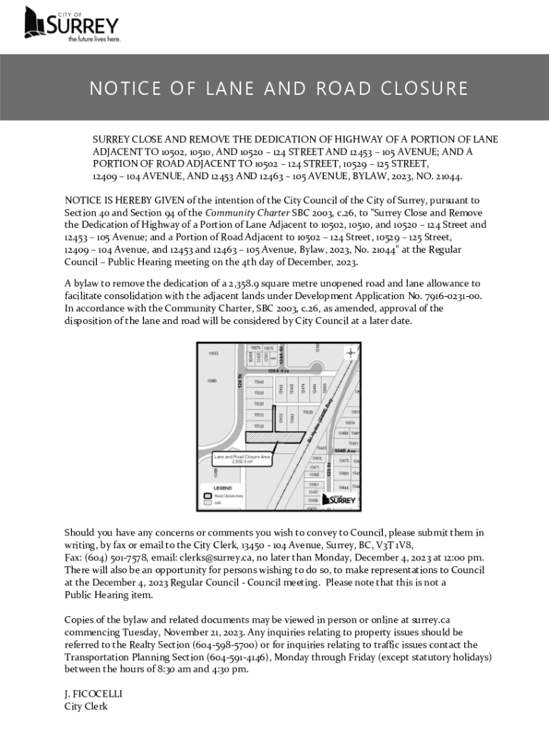 Fillable Online NOTICE OF LANE AND ROAD CLOSURE - City of Surrey Fax ...