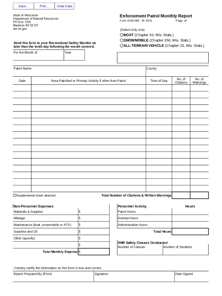 Fillable Online Form 8700-090 Enforcement Patrol Monthly Report. Form 8700-090 Enforcement ...