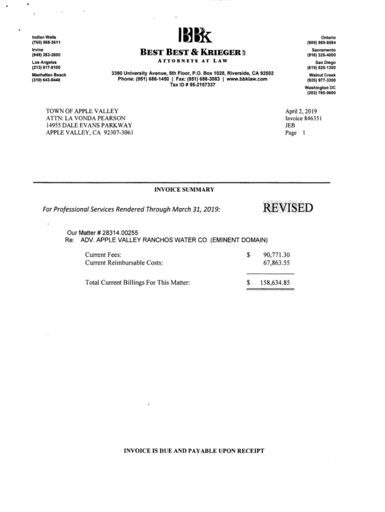 Fillable Online 2019 Redacted Apple Valley - BBK Invoices & payment ...
