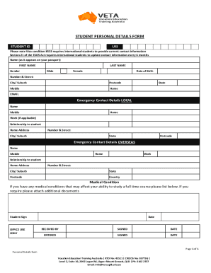 Fillable Online STUDENT PERSONAL DETAILS FORM - Vocation Education ...