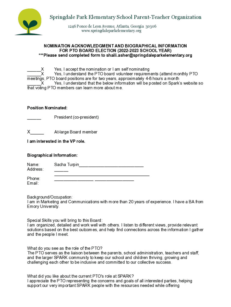 Fillable Online Springdale Park Elementary School Parents and Teachers ...