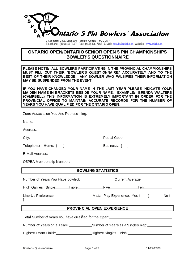 Ontario 5 Pin Bowlers' Association Doc Template | pdfFiller