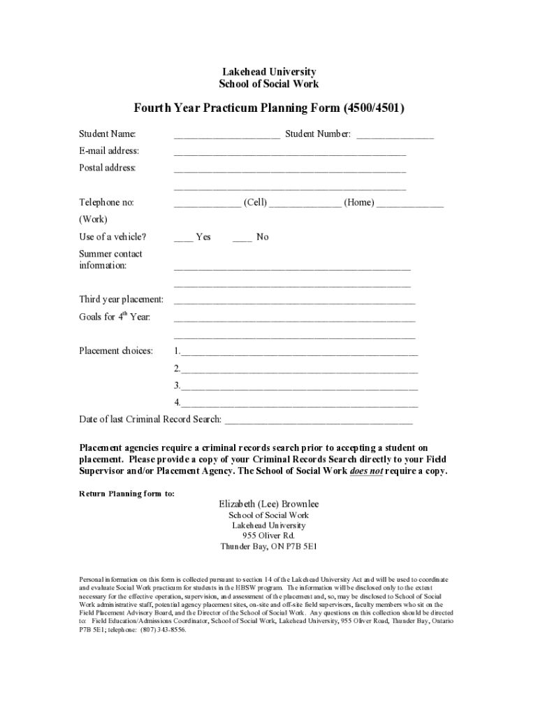 Fillable Online 4 Fourth Year Practicum Planning Form.doc Fax Email ...
