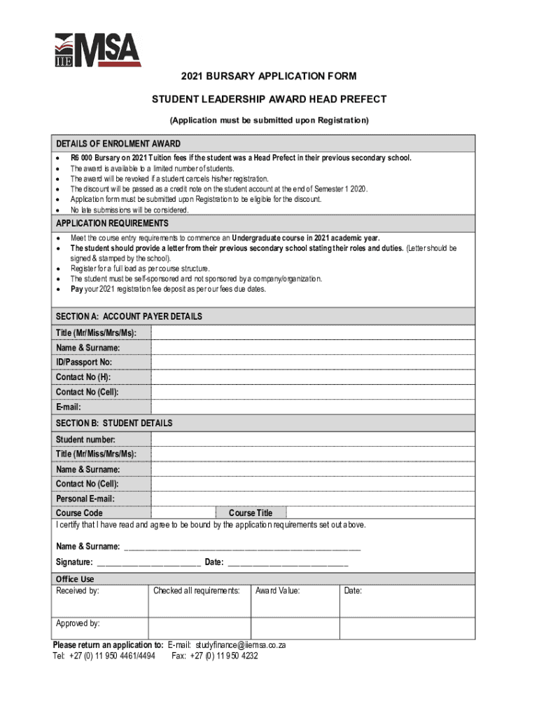 Fillable Online 2021 BURSARY APPLICATION FORM STUDENT ... Fax Email ...